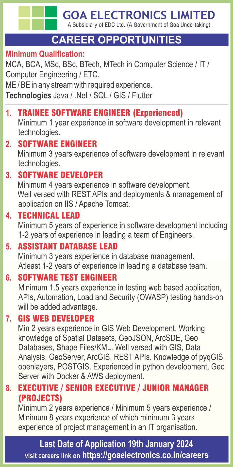 Software Engineer (Experienced) | Goa Electronics Limited